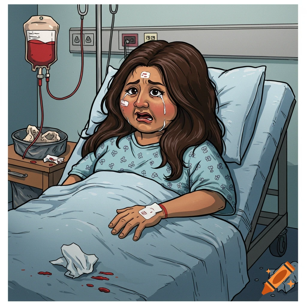 Cartoon drawing of a crying girl in a hospital bed with IV and bandages ...