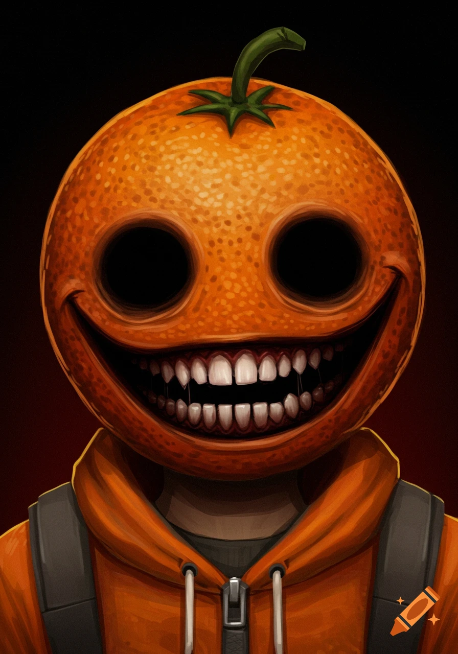 A creepy orange character with black, soulless eyes and a wide grin ...