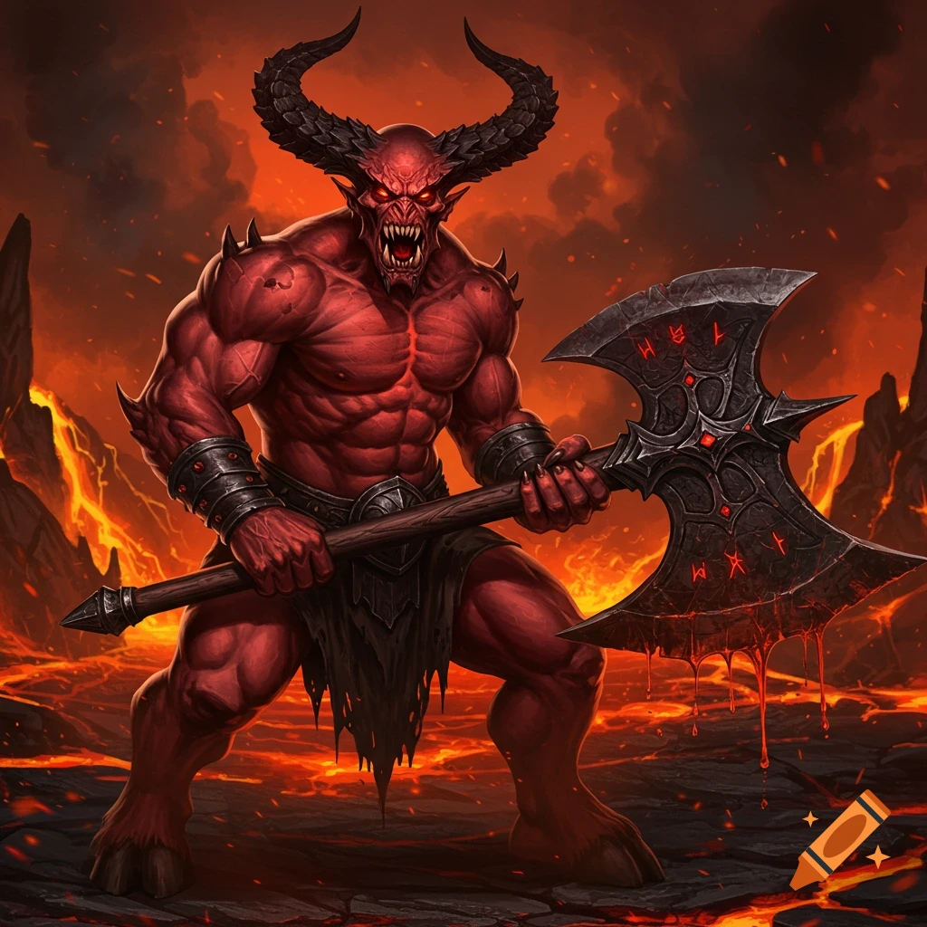 Red-skinned demon with large horns holding a battle axe in a fiery hell ...