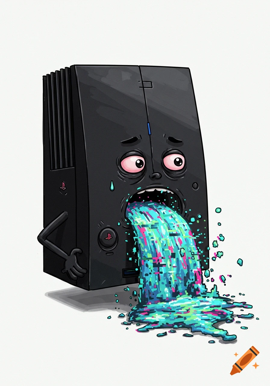 Illustration of a black video game console character with a face puking ...