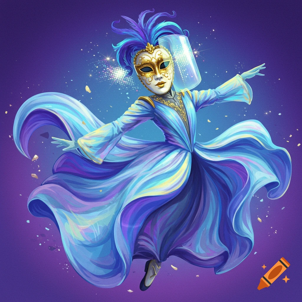 Masked figure in flowing blue and purple dress floating with confetti ...