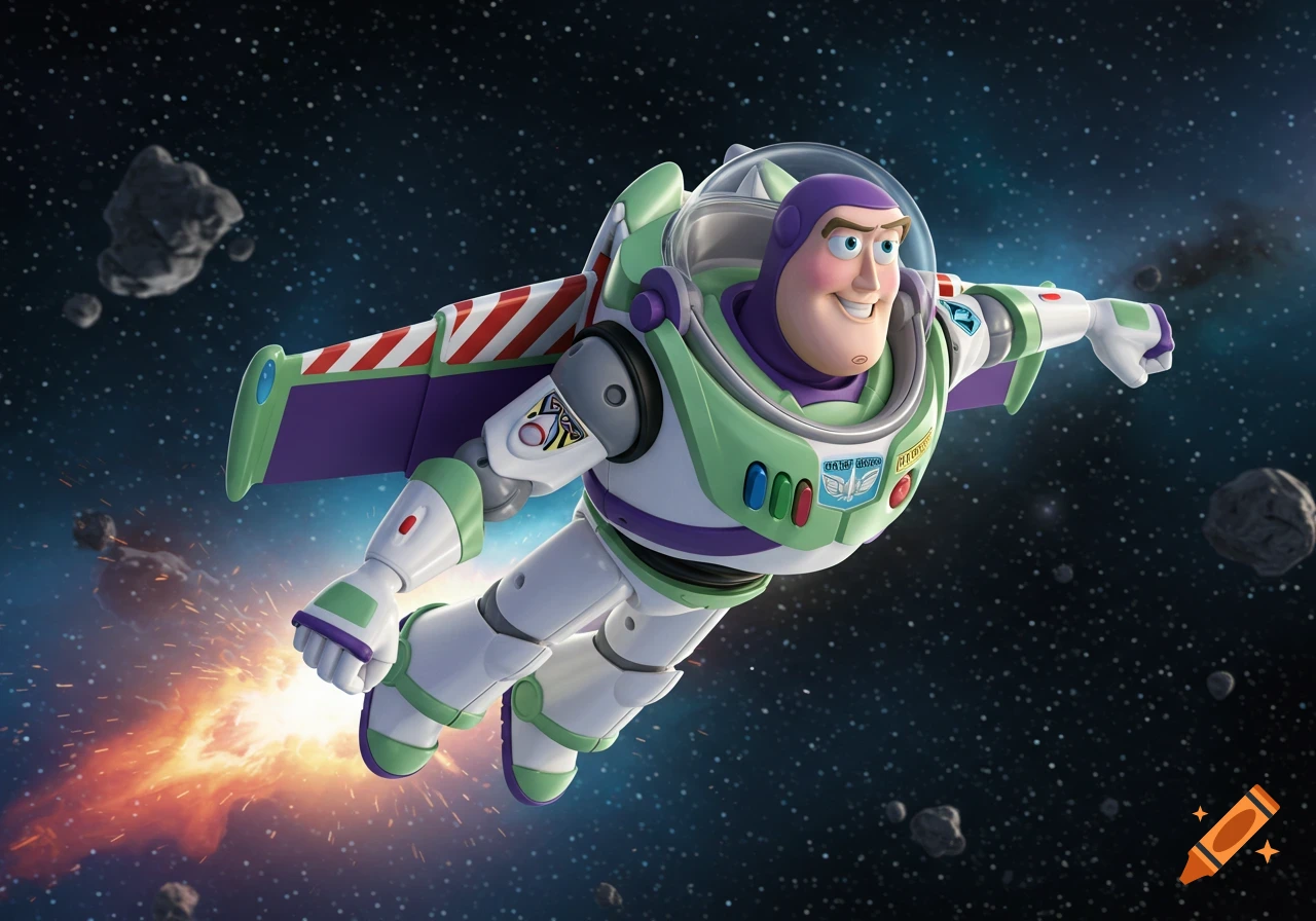 Buzz Lightyear flies through space past asteroids, a rocket blast ...