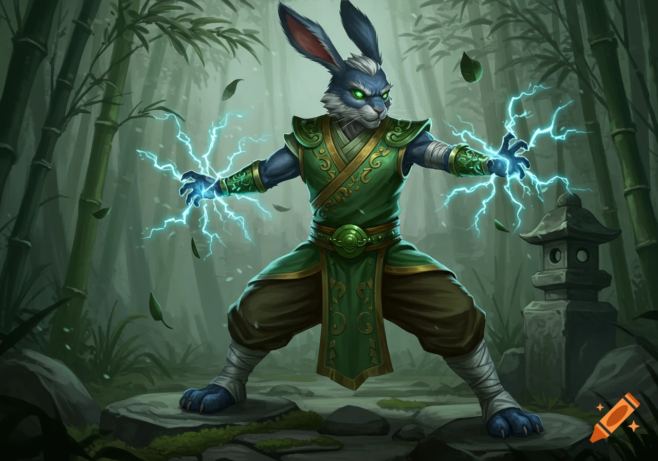 Anthropomorphic rabbit monk in green uniform casting lightning in a ...