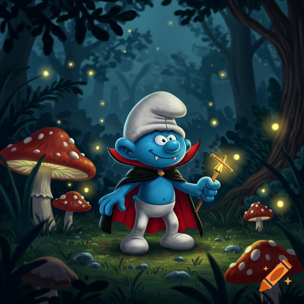Cartoon Smurf vampire standing in a forest with mushrooms and fireflies ...