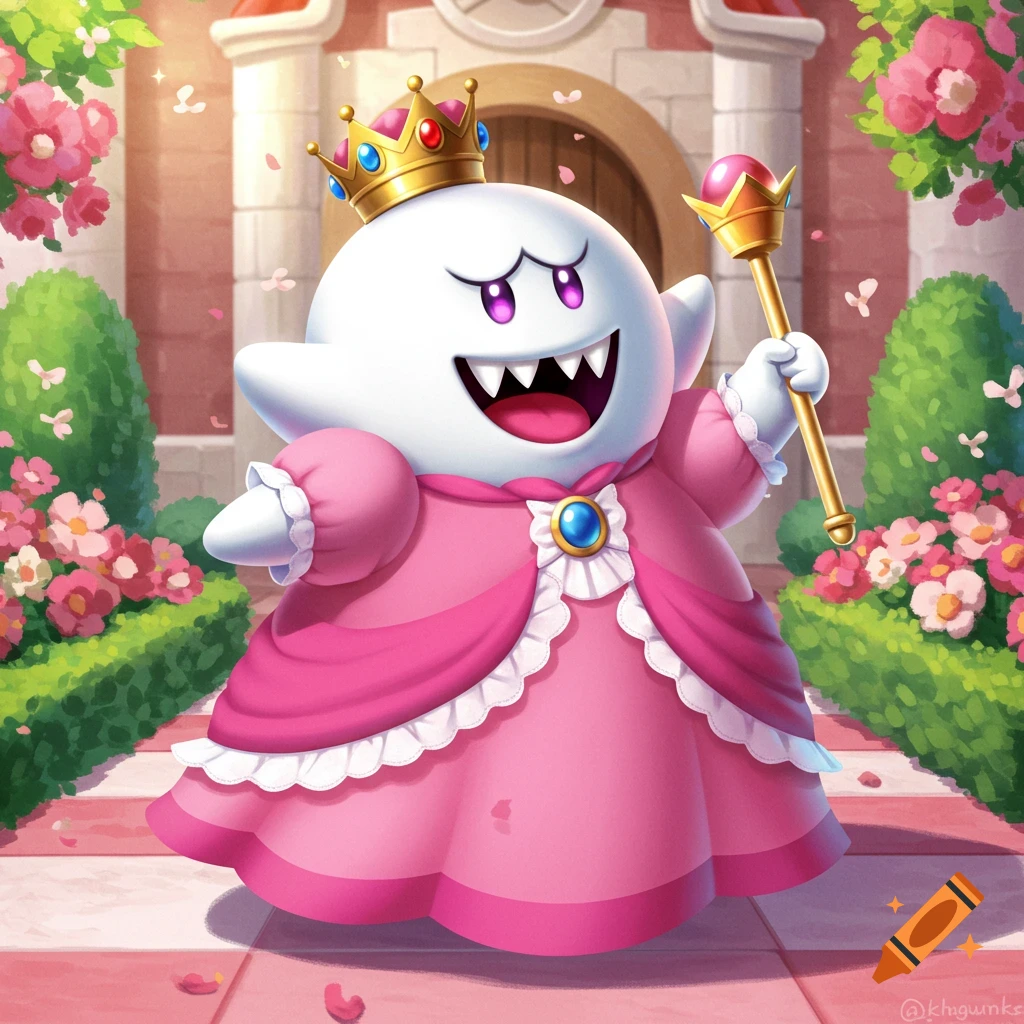 King Boo from Super Mario wearing a pink Princess Peach dress and crown ...