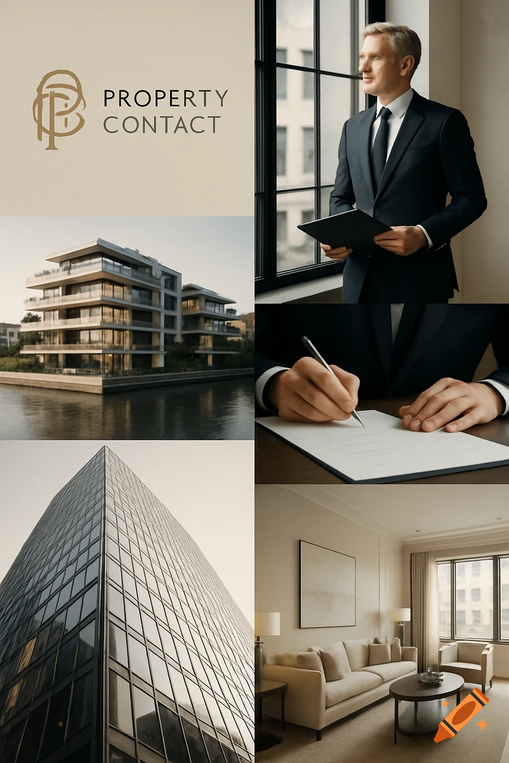 A real estate mood board collage featuring modern architecture, a ...