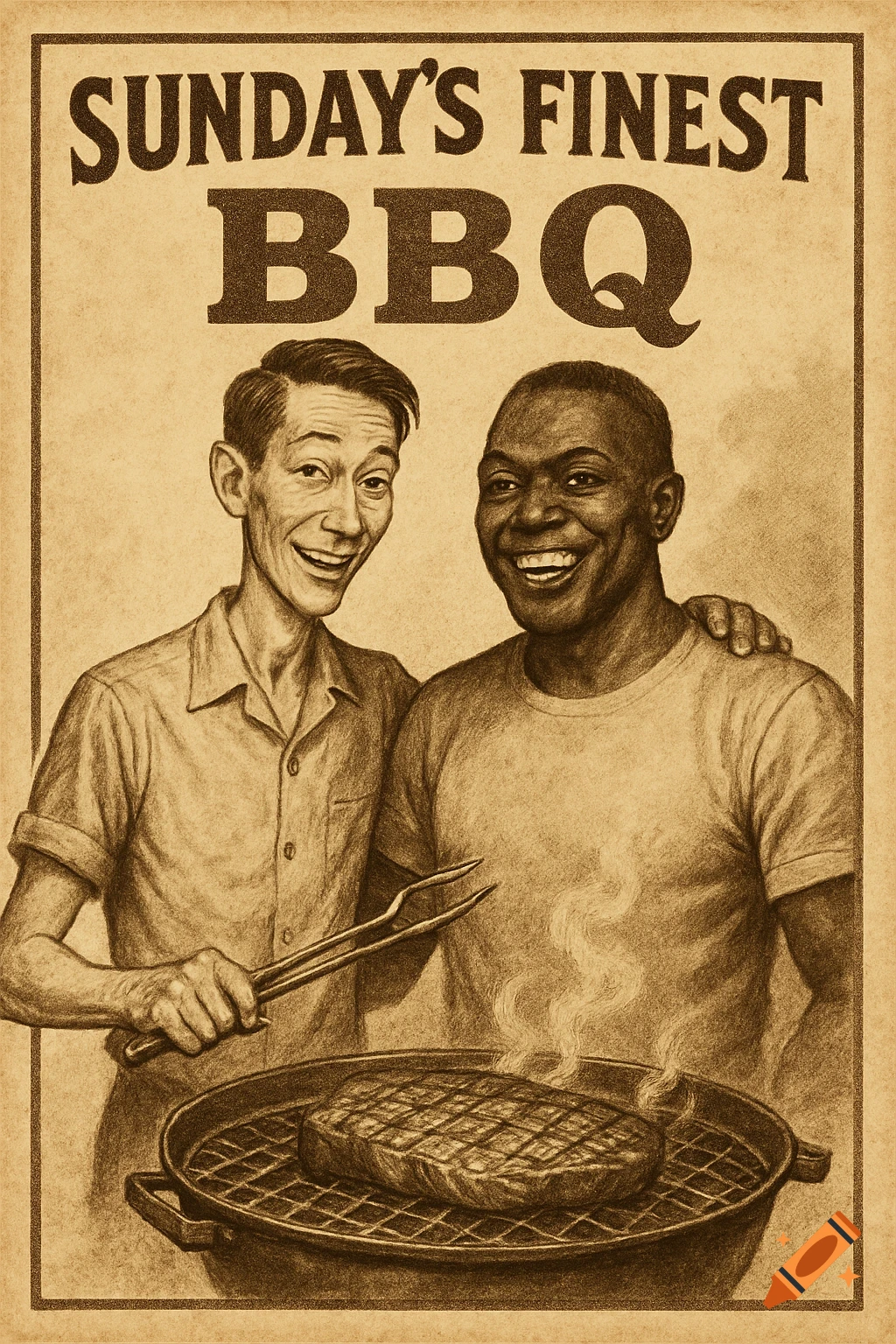 1950s style sketch poster of two men grilling a steak with text "Sunday ...
