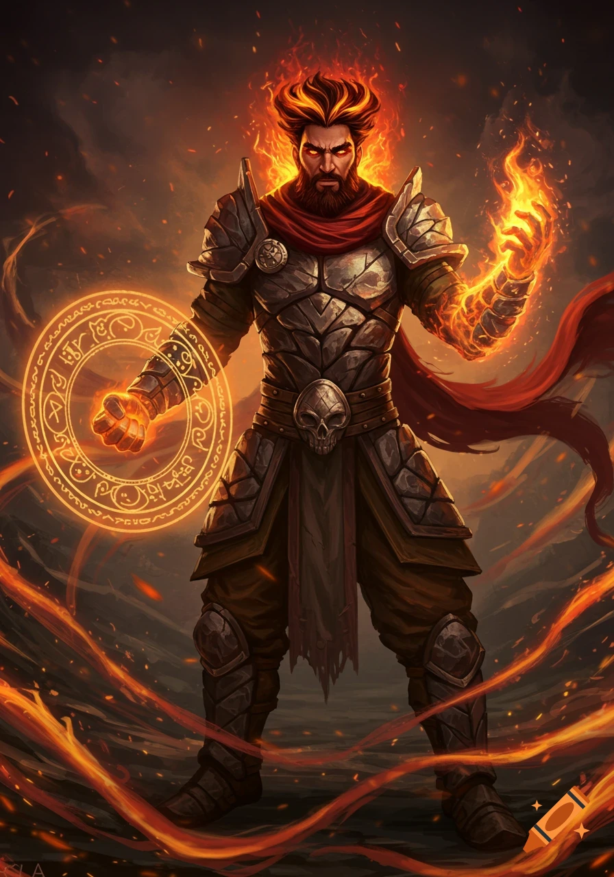 Fantasy illustration of a fiery warrior in armor wielding magic. on Craiyon