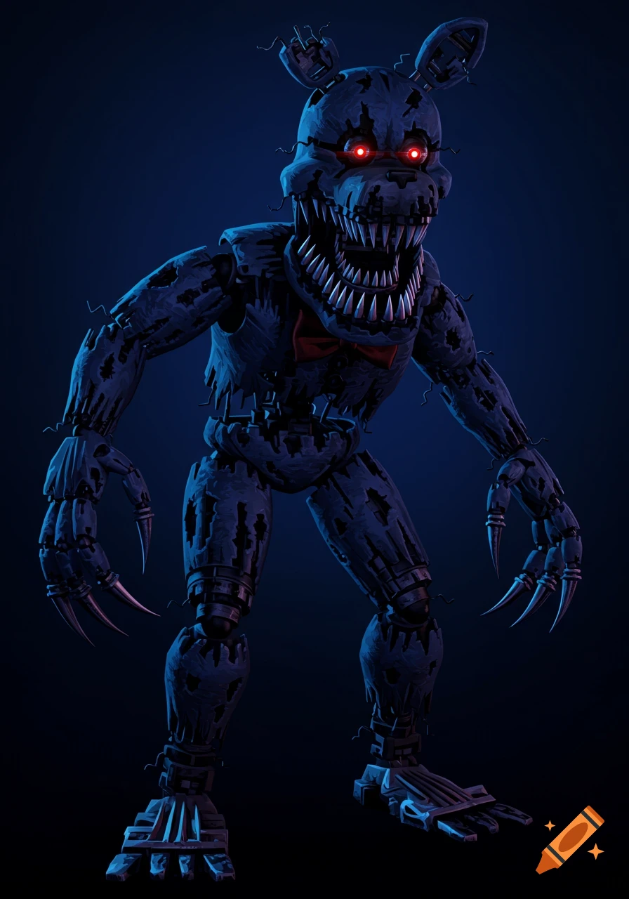 A creepy, tattered animatronic monster with glowing red eyes and sharp ...