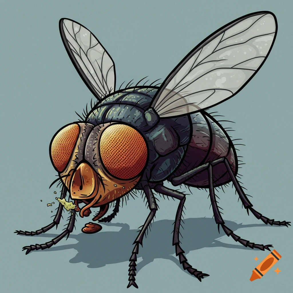 A cartoon illustration of a fly with large compound eyes, a proboscis ...