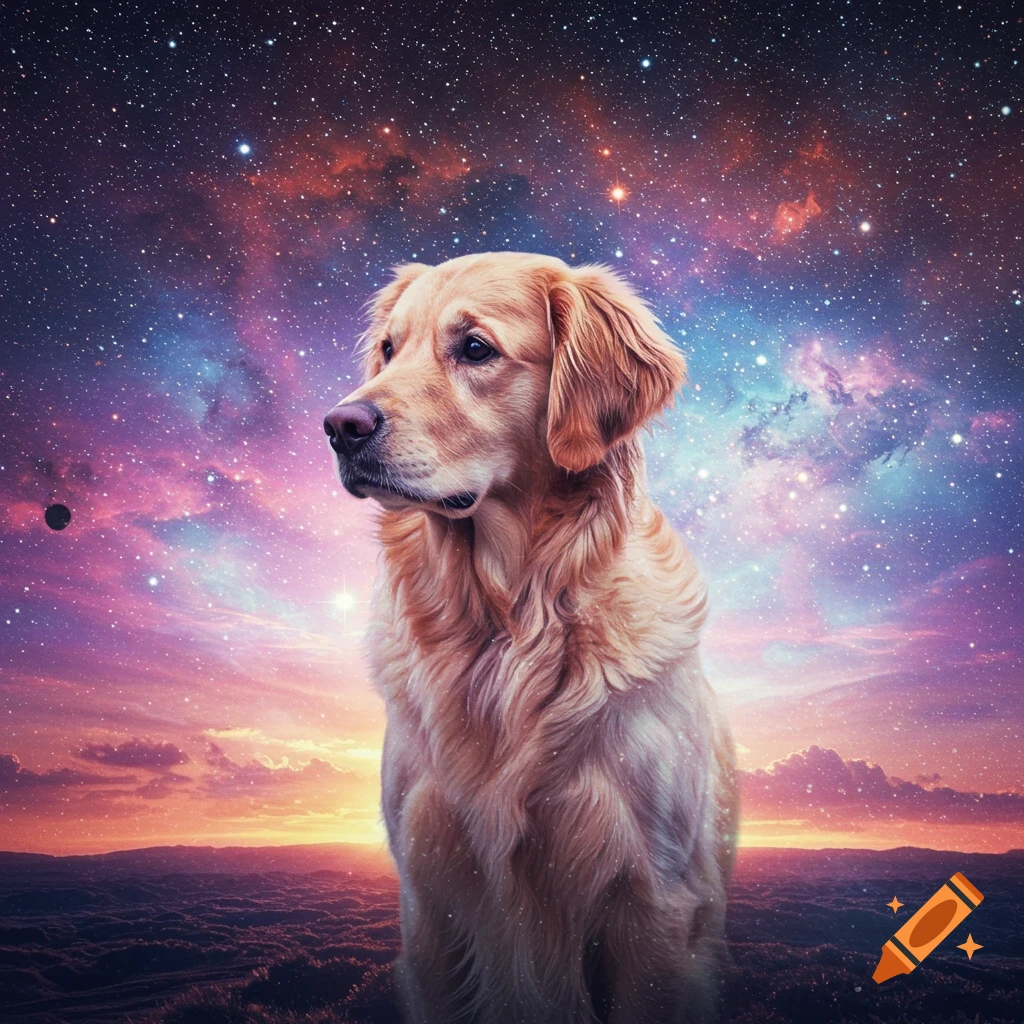 A Golden Retriever dog stands in a surreal cosmic landscape with a ...