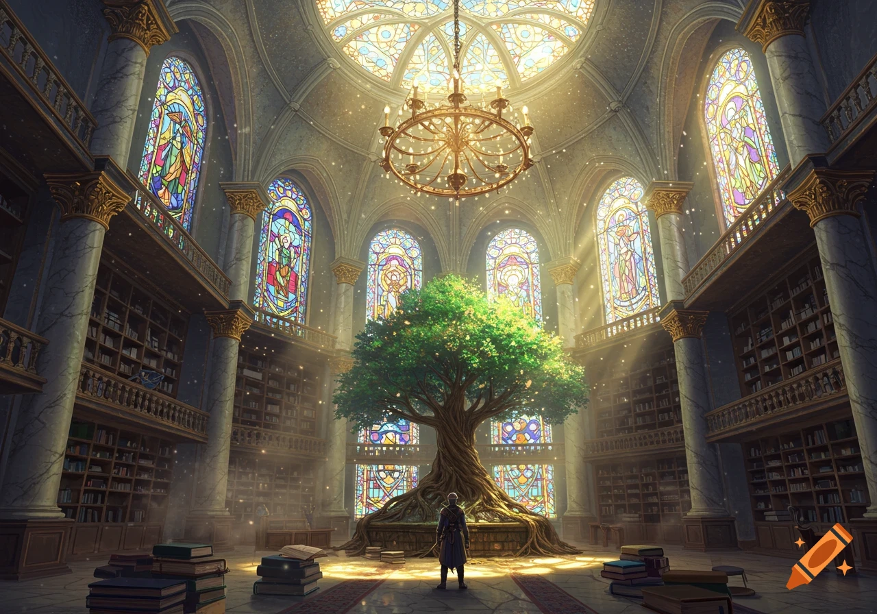 Fantasy library interior with a large tree, stained glass windows, and ...