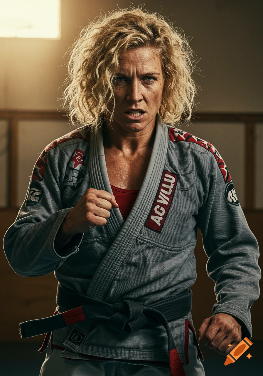 A fierce woman with curly blonde hair in a grey martial arts gi ready ...