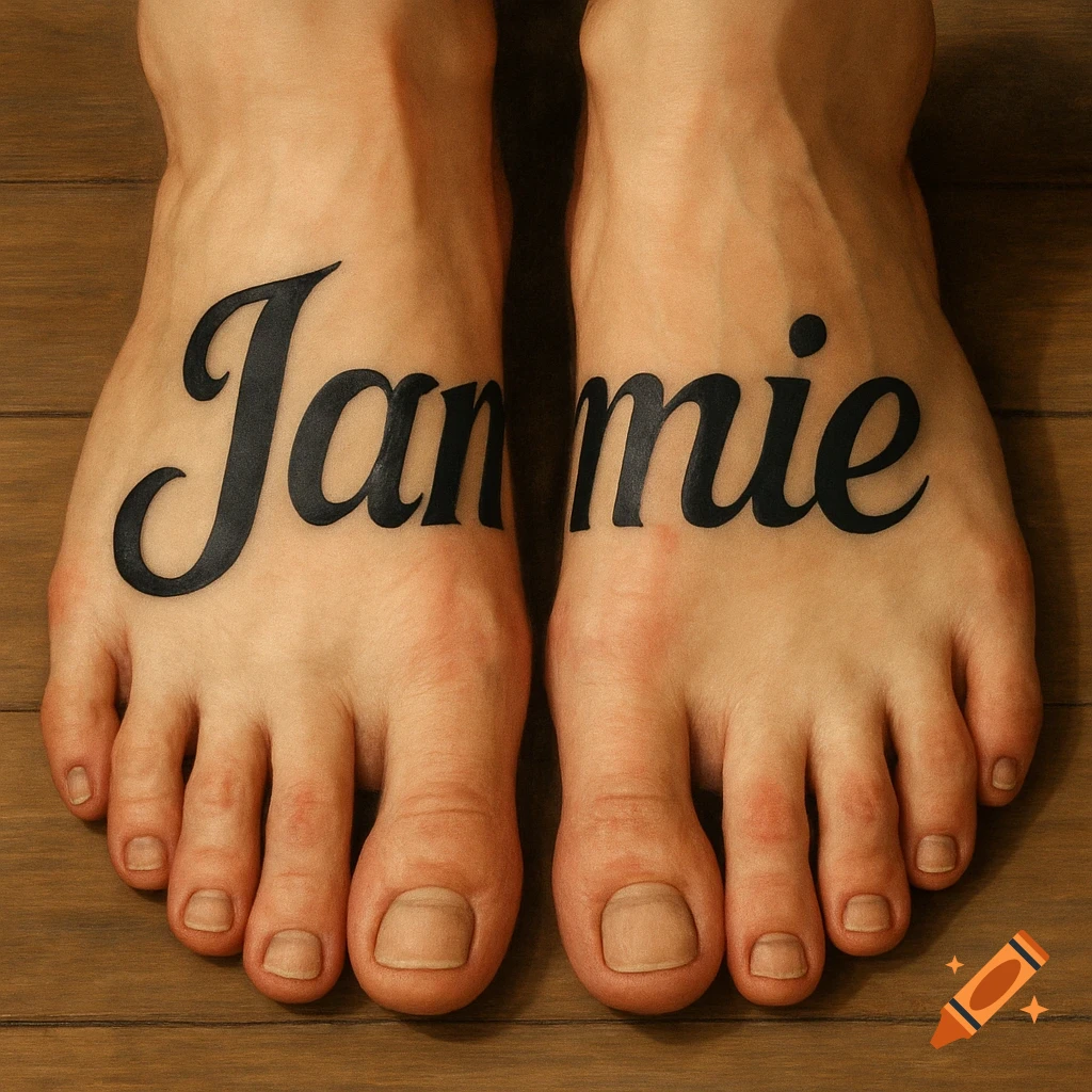 Feet with the name Jamie tattooed across them on Craiyon