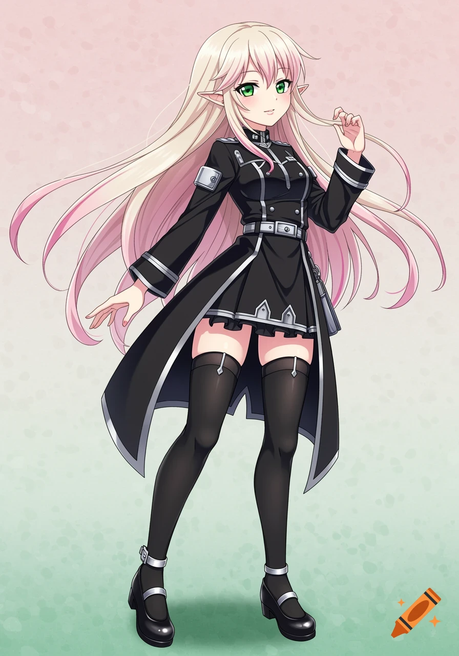 Anime half-elf girl with blonde hair in black military dress and thigh ...