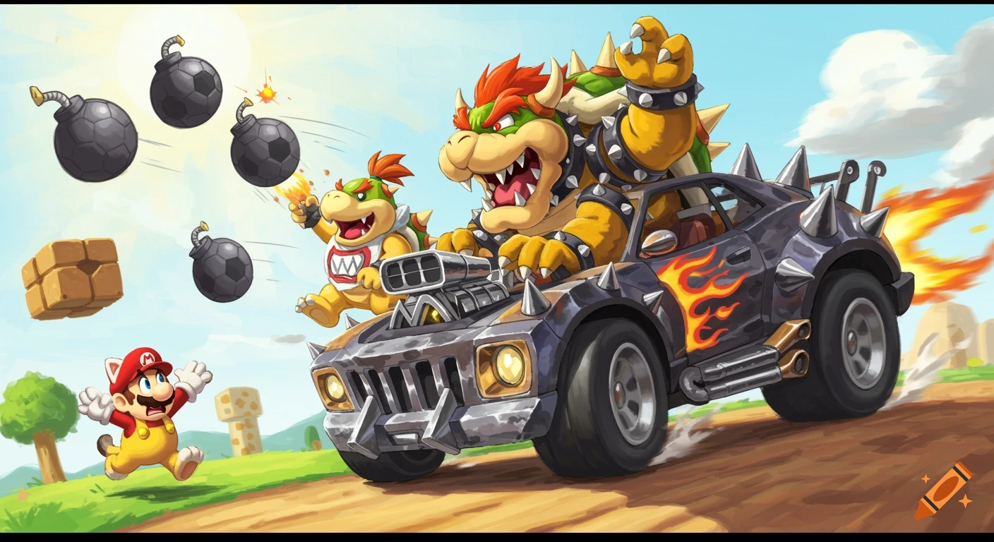 Bowser and Bowser Jr. race in a spiked car, throwing bombs at a running ...