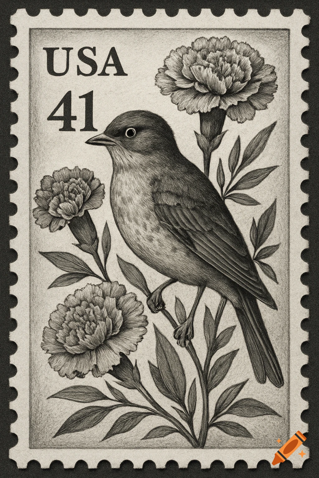 Black and white drawing of a bird and carnation flowers on a vintage ...