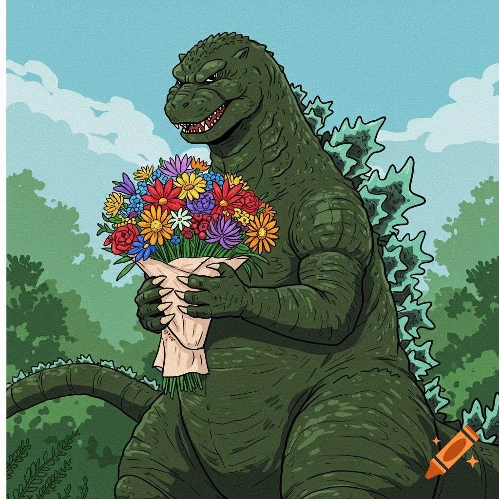 Illustration of Godzilla holding a large bouquet of colorful flowers ...