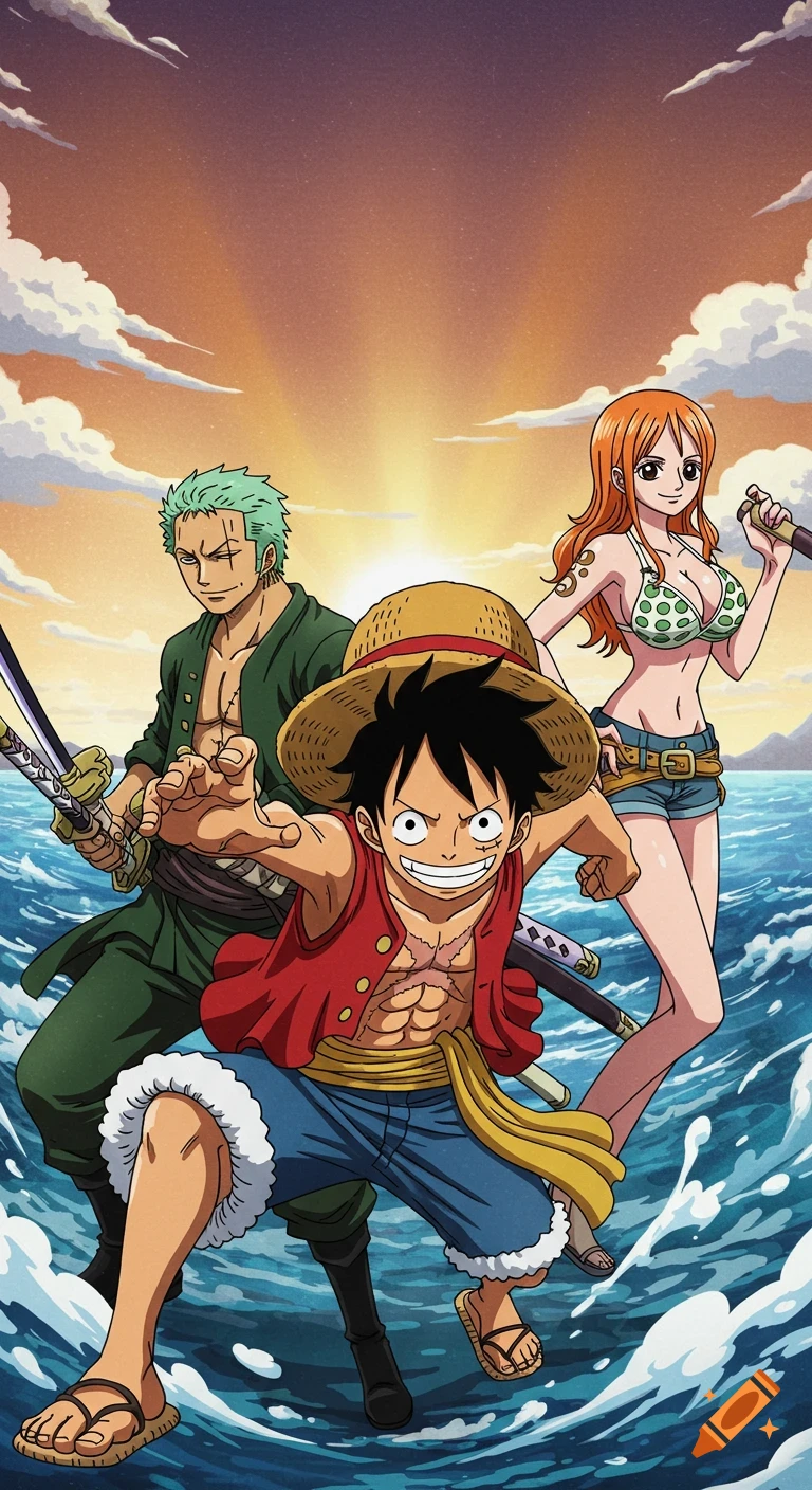 Luffy, Zoro, and Nami from One Piece standing on water at sunset, anime ...
