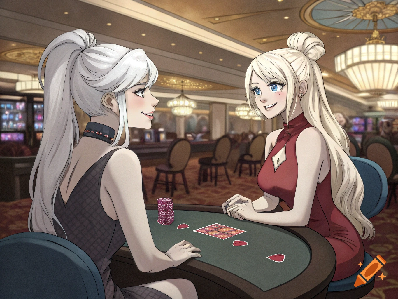 Two anime women playing cards at a table in a casino. on Craiyon