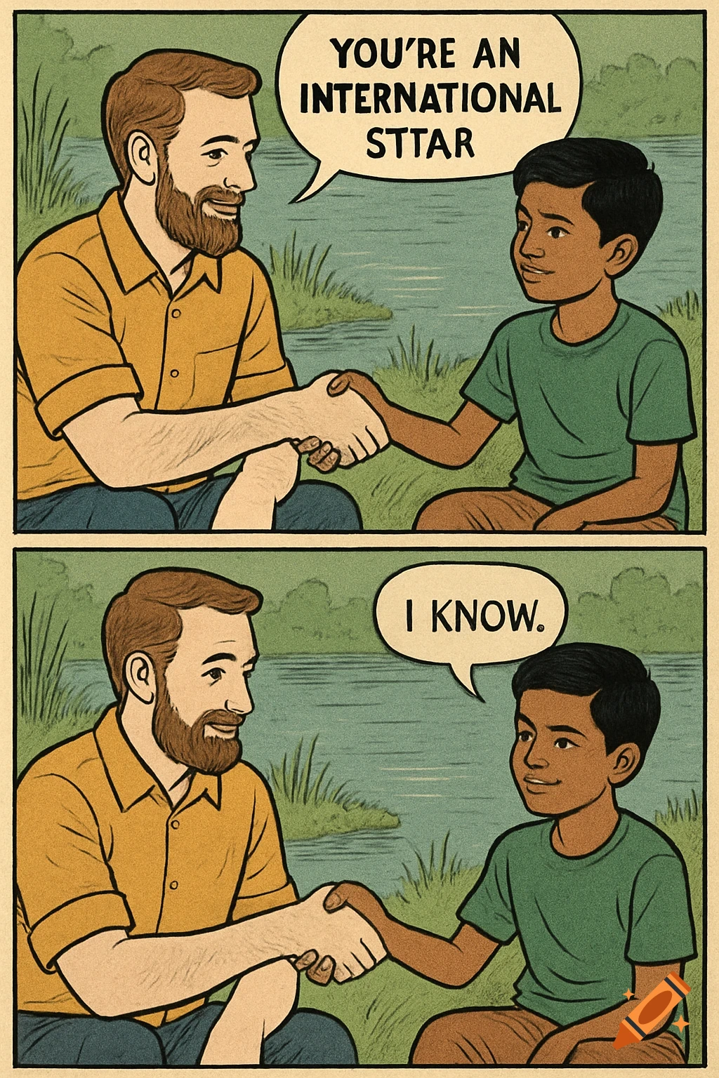 Two panel comic strip of a man shaking hands with a boy outdoors. on ...