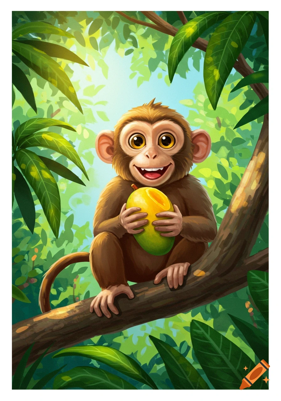 A cute cartoon monkey sits on a tree branch in a sunny jungle, holding ...