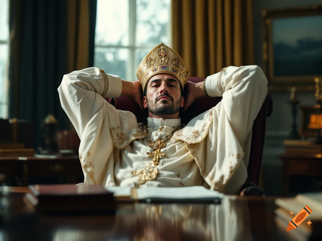 Man dressed as a Pope leaning back behind a desk with hands behind his ...