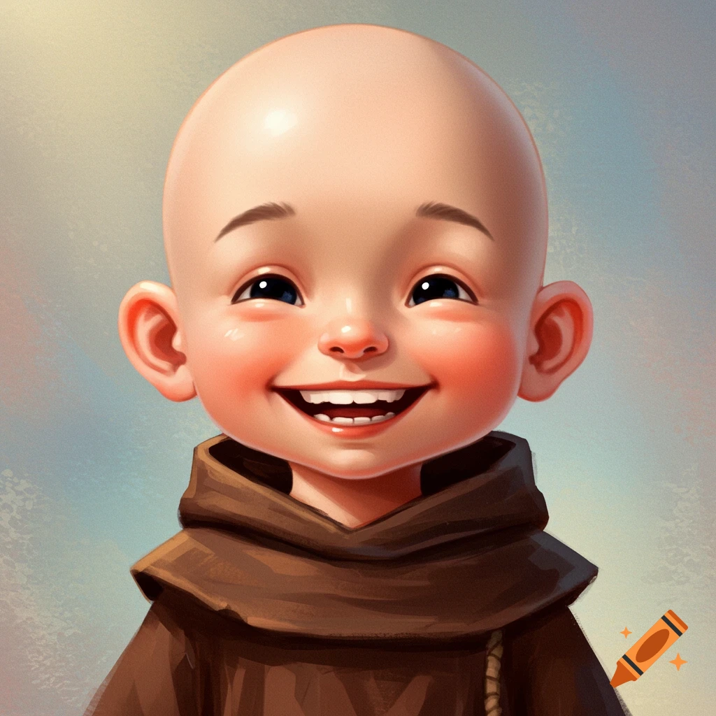 A close-up cartoon portrait of a bald child wearing a brown friar robe ...