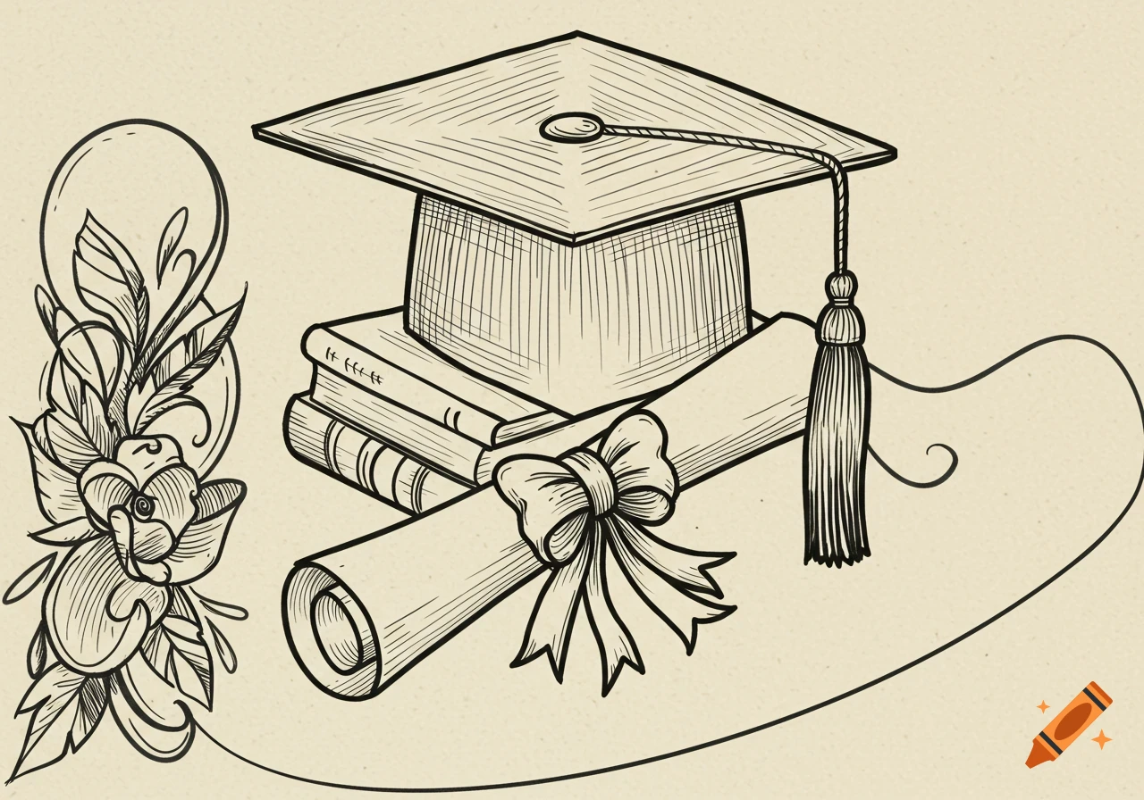 Linework illustration of graduation cap, books, diploma with bow, and ...