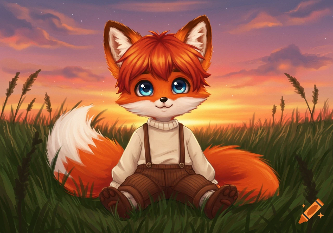 A cute cartoon fox character wearing overalls sits in a field with a ...