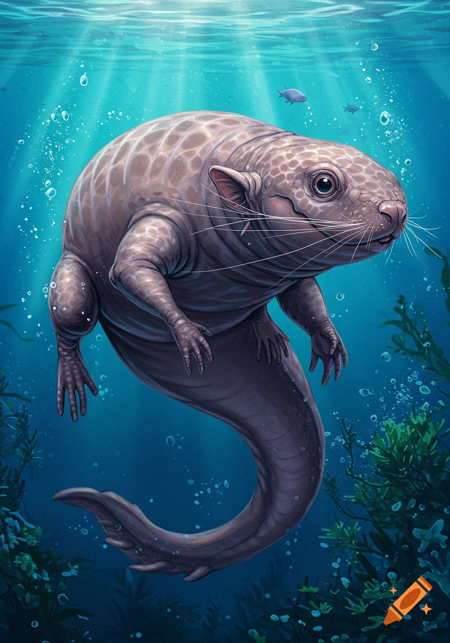 A fantasy rodent-like creature with a fish tail swims in the ocean. on ...