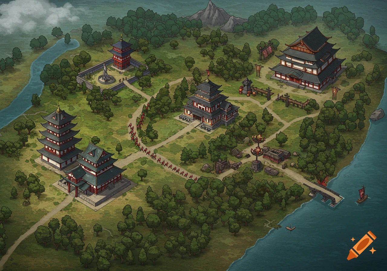 Isometric illustration of a Japanese-style compound with pagodas ...