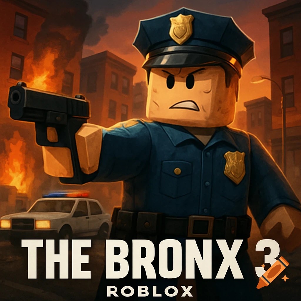Roblox police character holding a gun in front of burning buildings ...