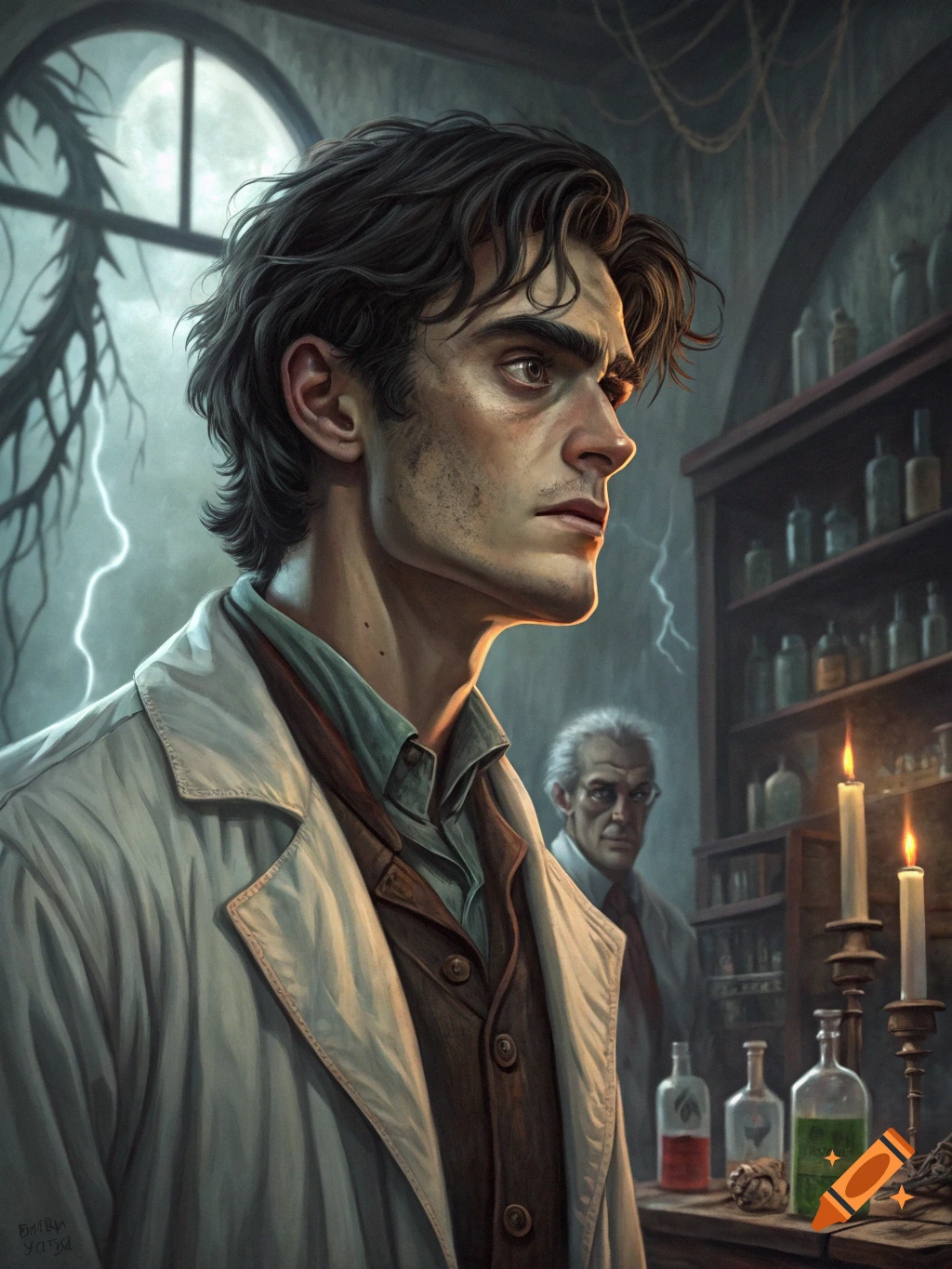 Illustration of Doctor Frankenstein in a dramatic laboratory scene ...