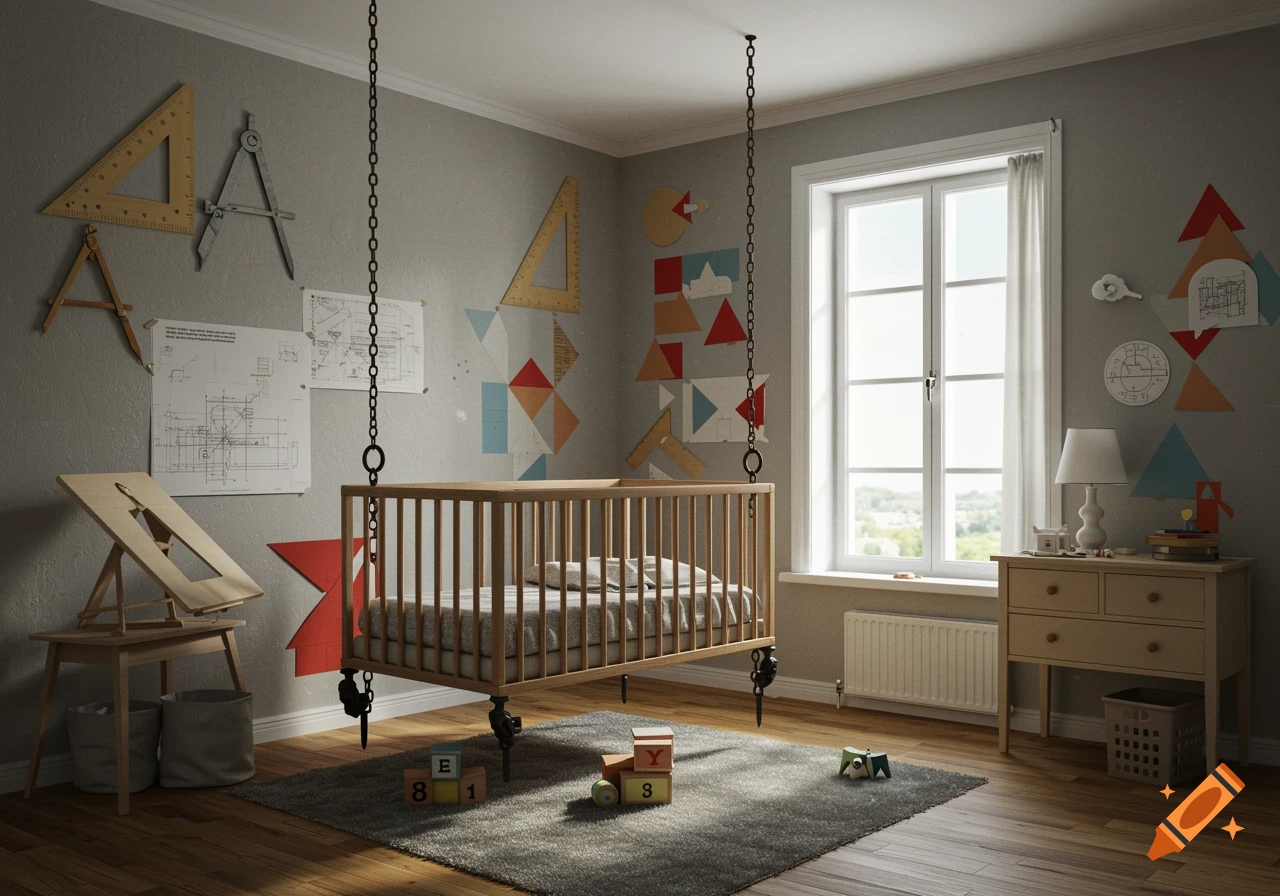 A photorealistic image of an architect-themed baby nursery with a crib ...