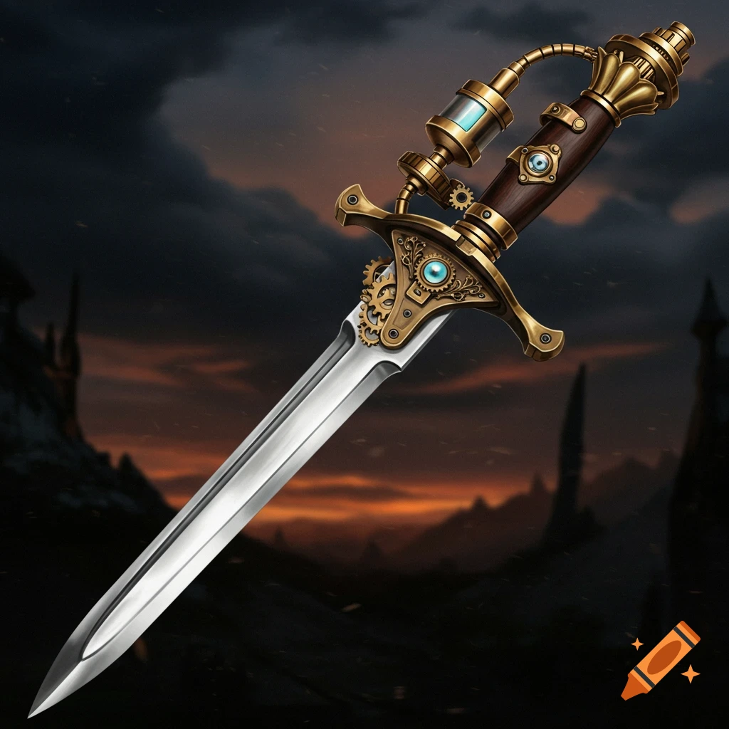 Detailed steampunk dagger with gears and vials against a dramatic sky ...