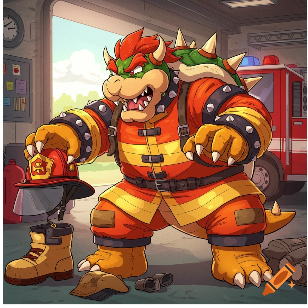 Cartoon Bowser from Super Mario in firefighter gear stands in a fire ...