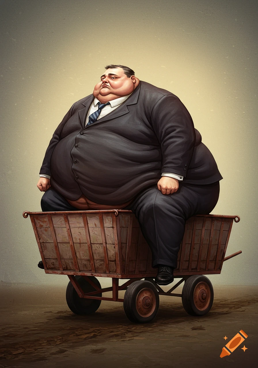 A very fat man in a suit sits in a small wooden cart. on Craiyon