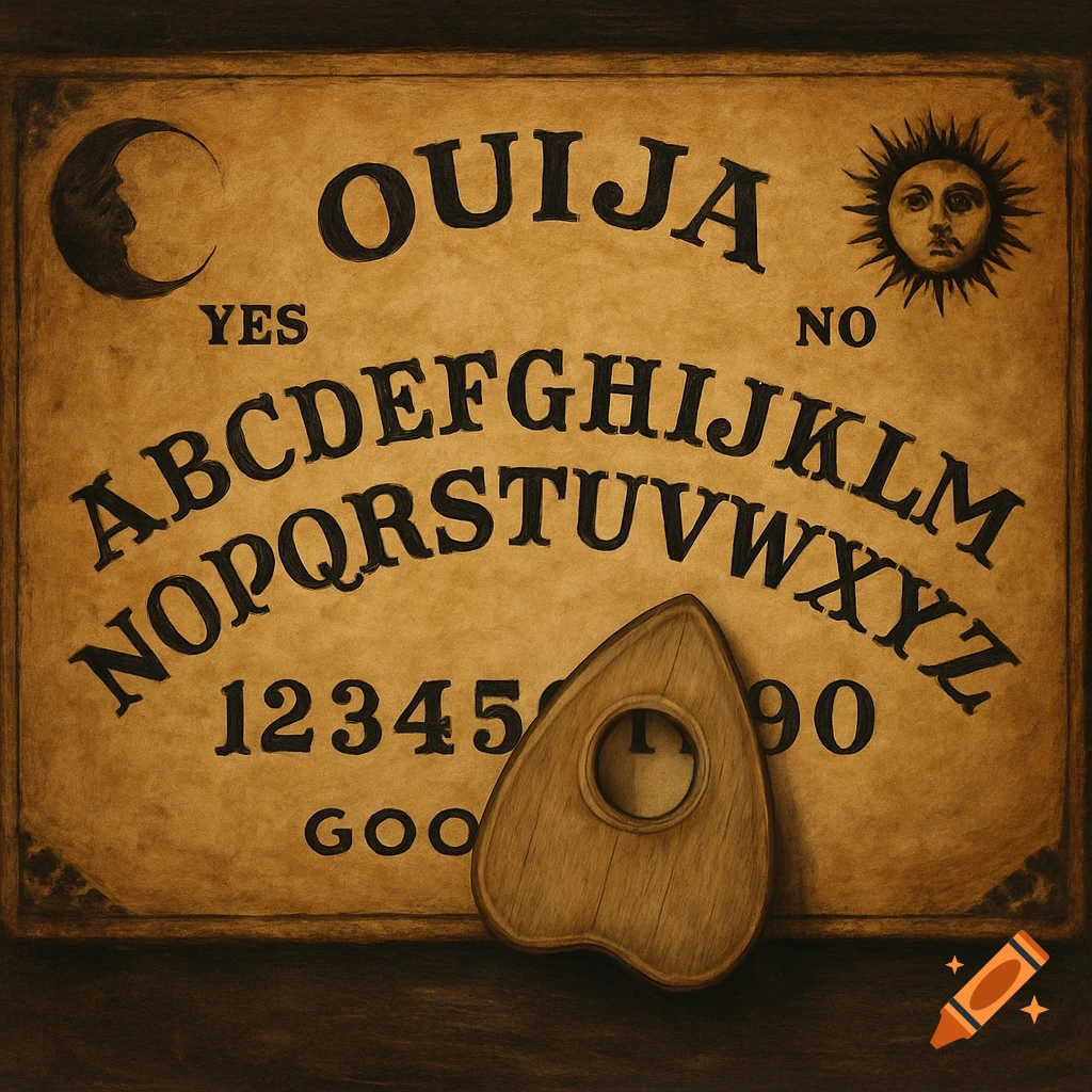 Close up of a vintage-style Ouija board with a planchette, alphabet ...