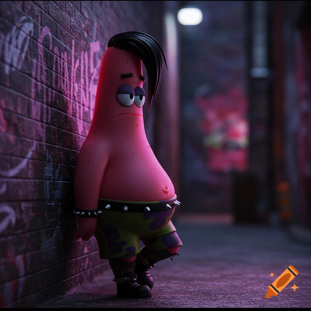3D rendering of Emo Patrick Star leaning against a graffiti-covered ...