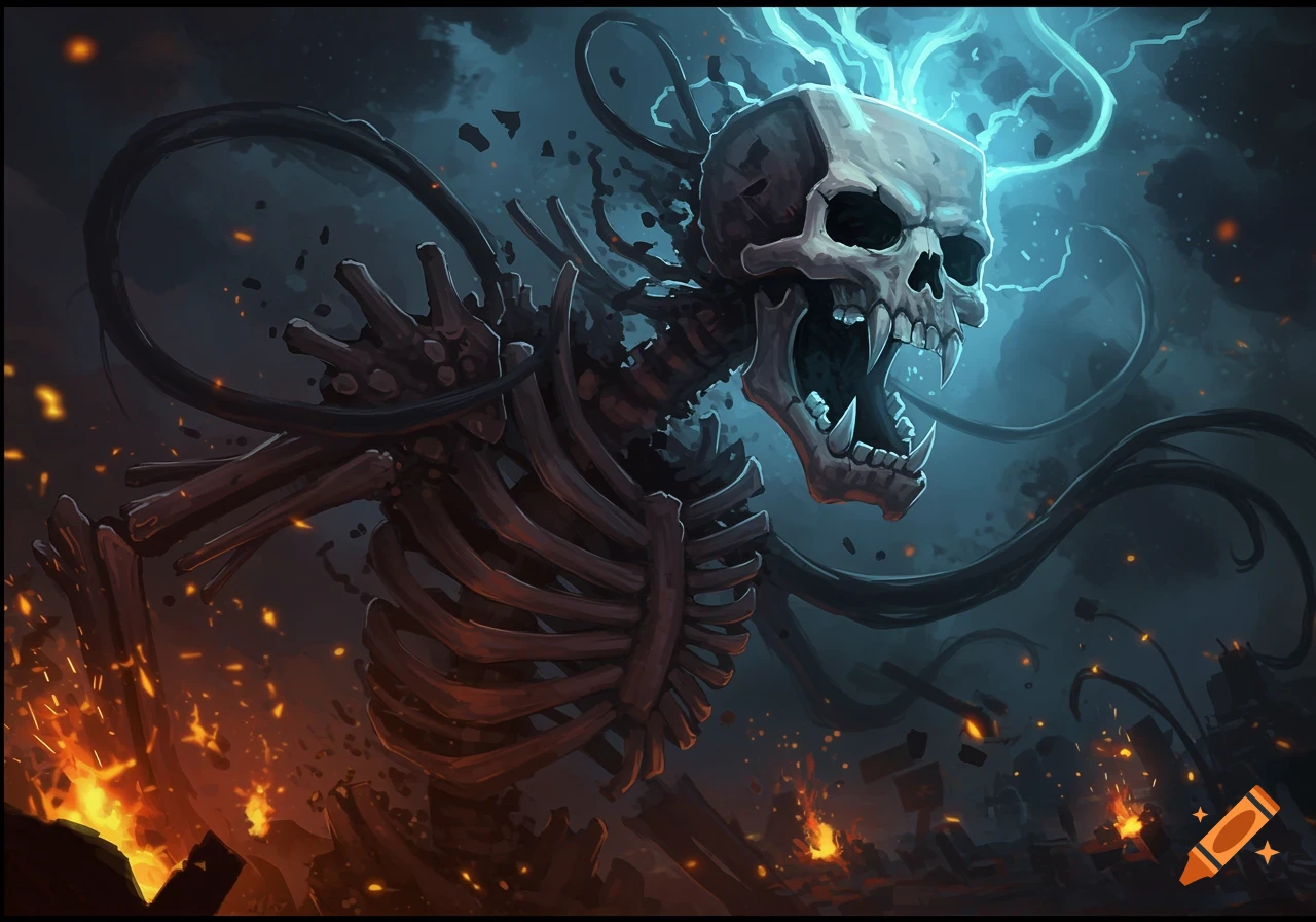 Minecraft Wither Storm monster skeleton with glowing head, lightning, fire, and destruction ...