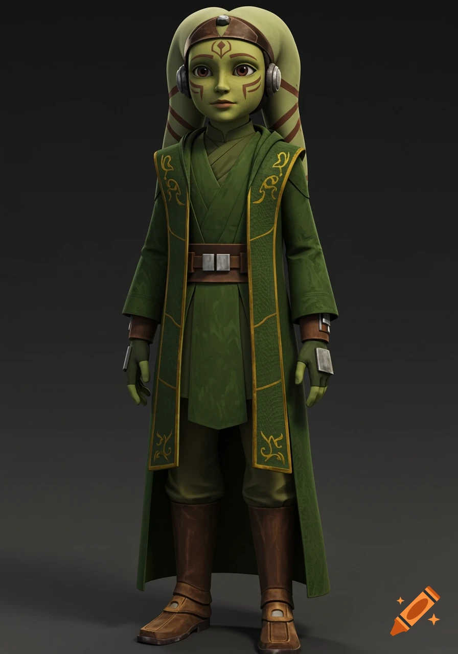 A full-body render of a young, green-skinned character with lekku and ...