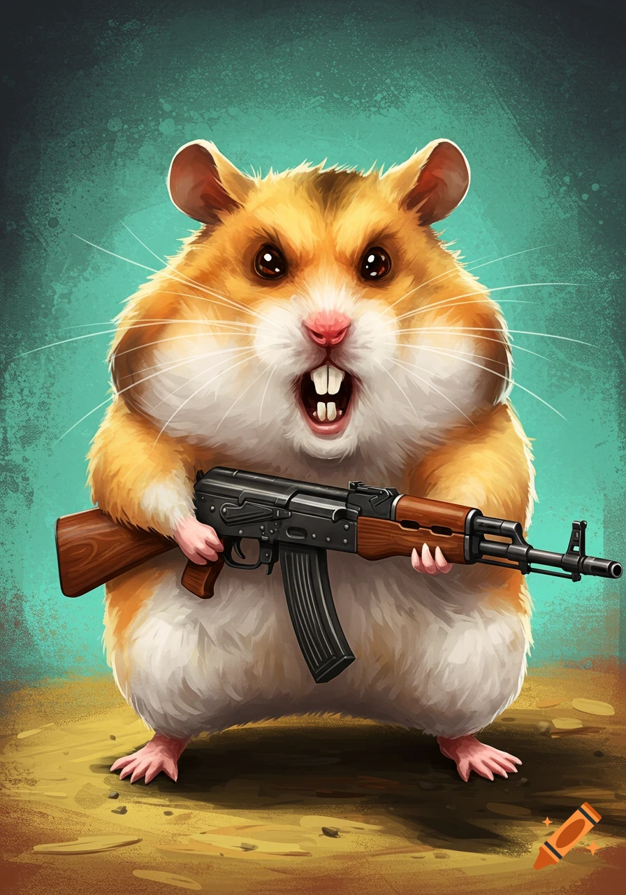 Cartoon hamster holding a rifle with an angry expression. on Craiyon
