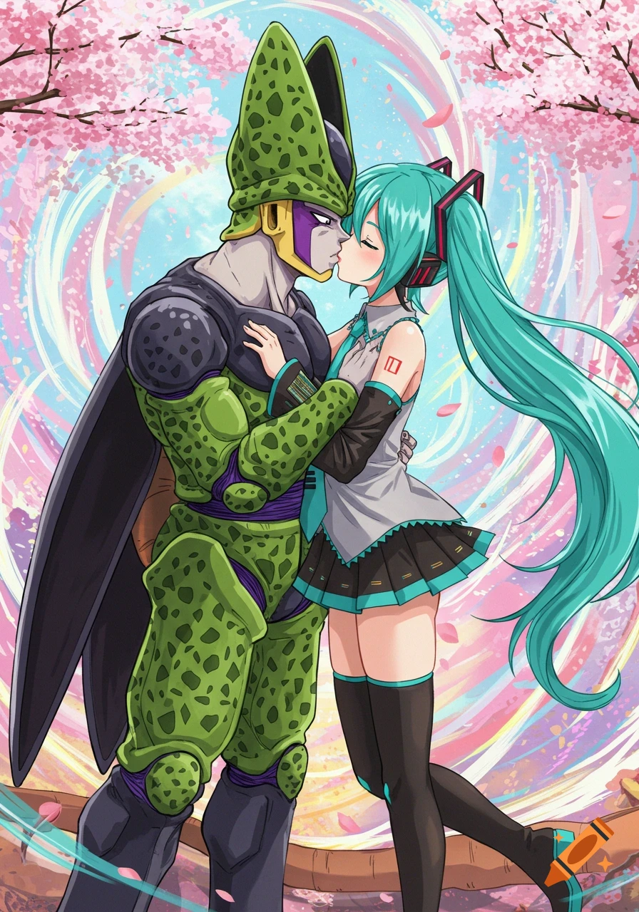 Perfect Cell and Hatsune Miku kissing under cherry blossoms in an anime ...