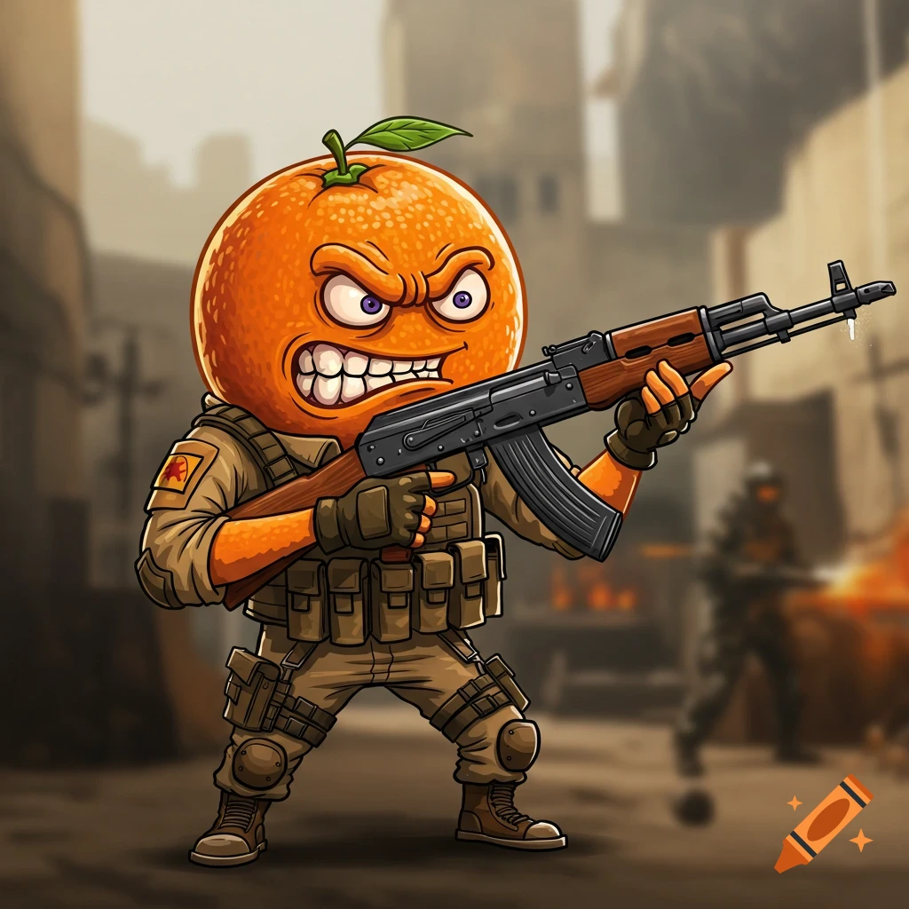 Cartoon orange character in military uniform holding a rifle in a ...