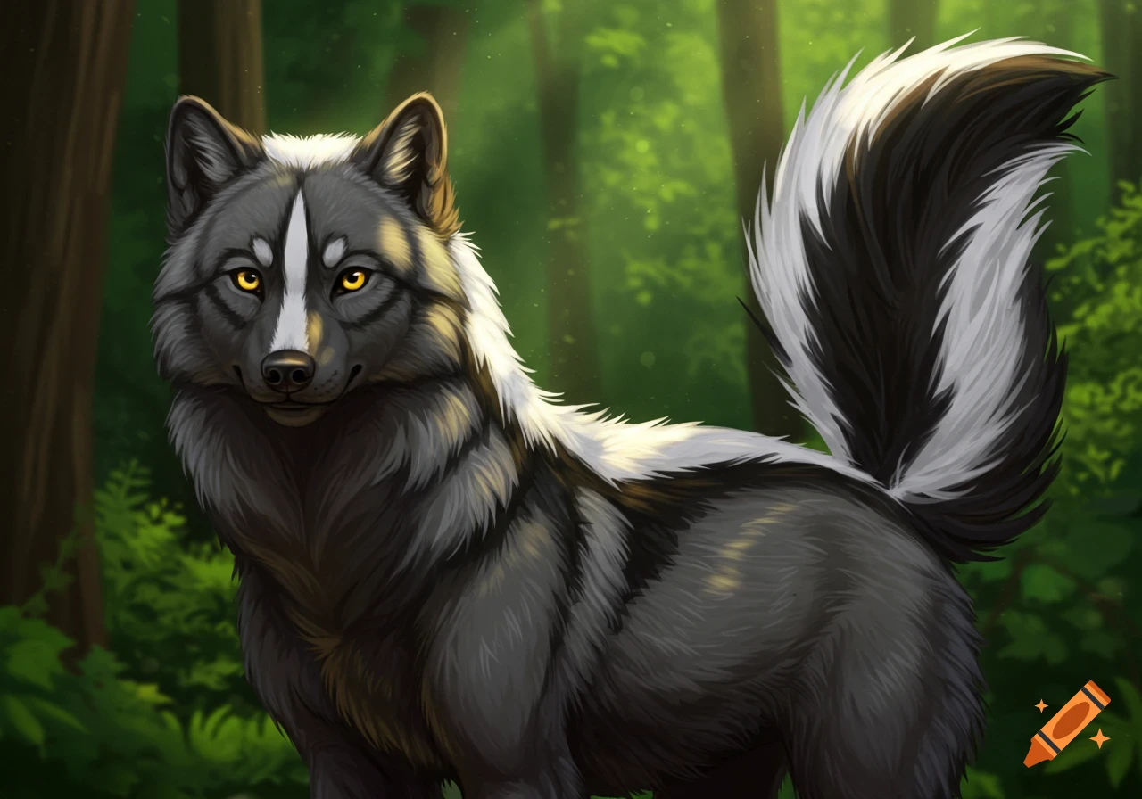A skunk-striped wolf hybrid stands in a forest. on Craiyon