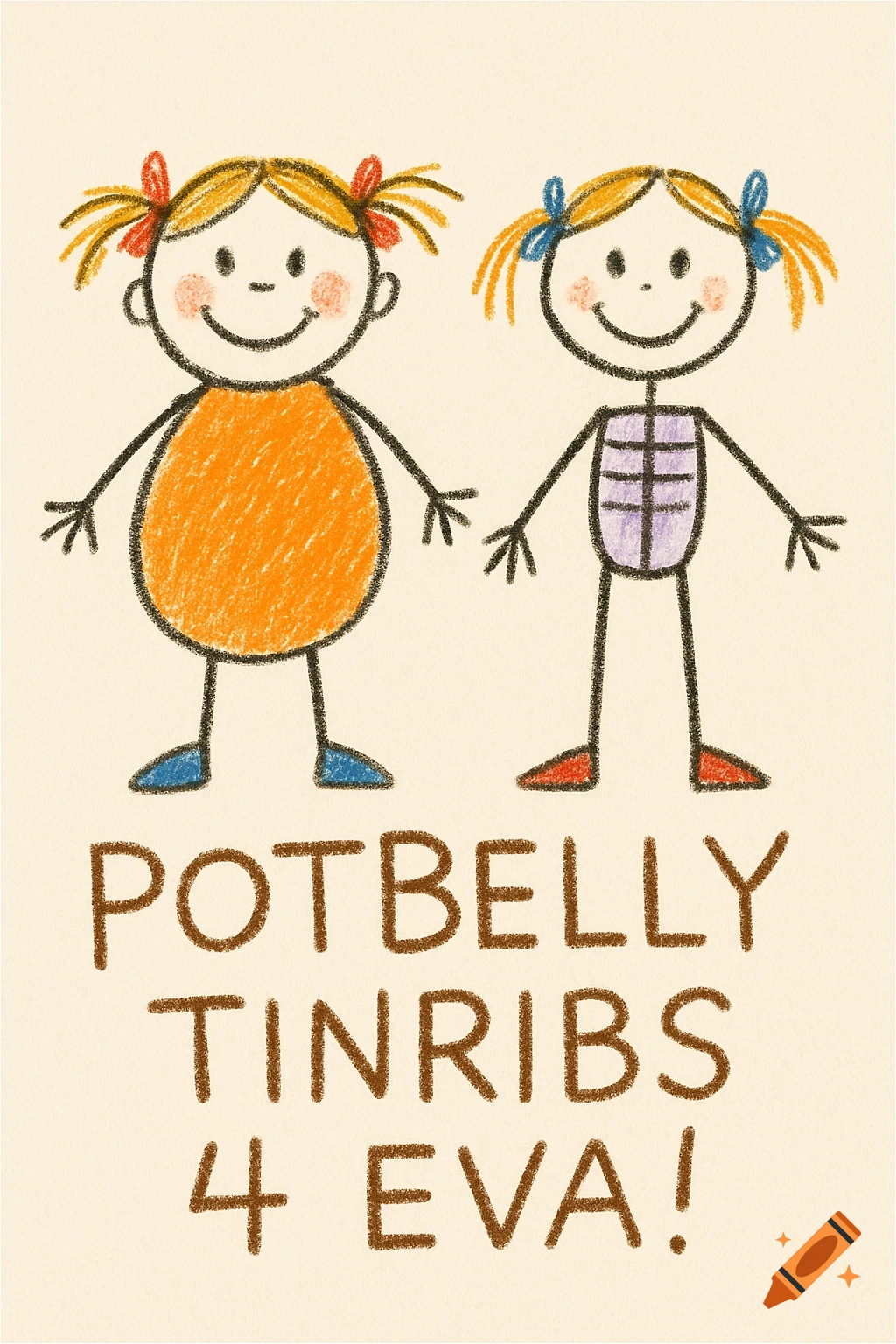 A childlike drawing of two stick figures, one round and one thin, with ...