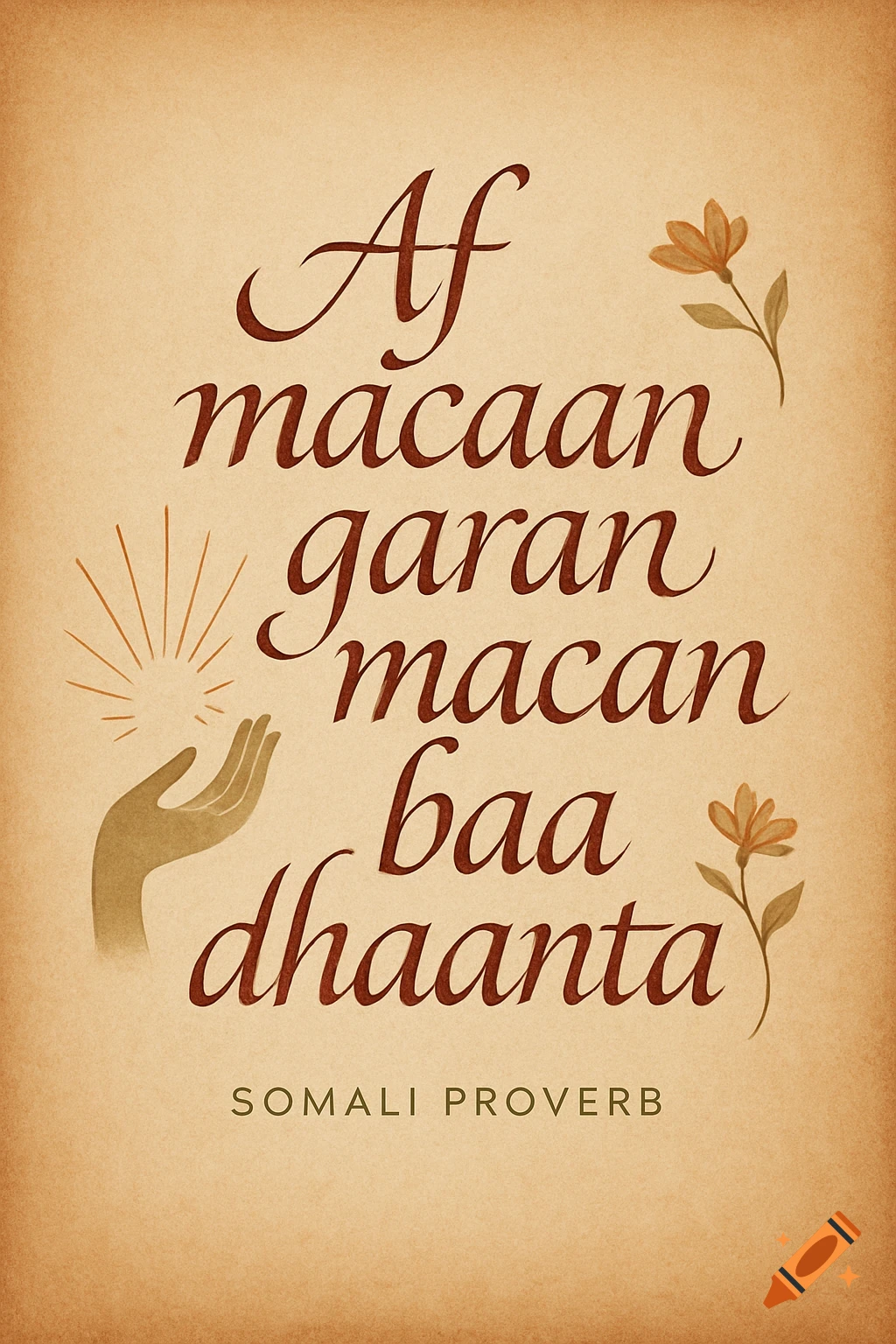 Calligraphy of Somali proverb 'Af macaan garan macaan baa dhaanta' with ...