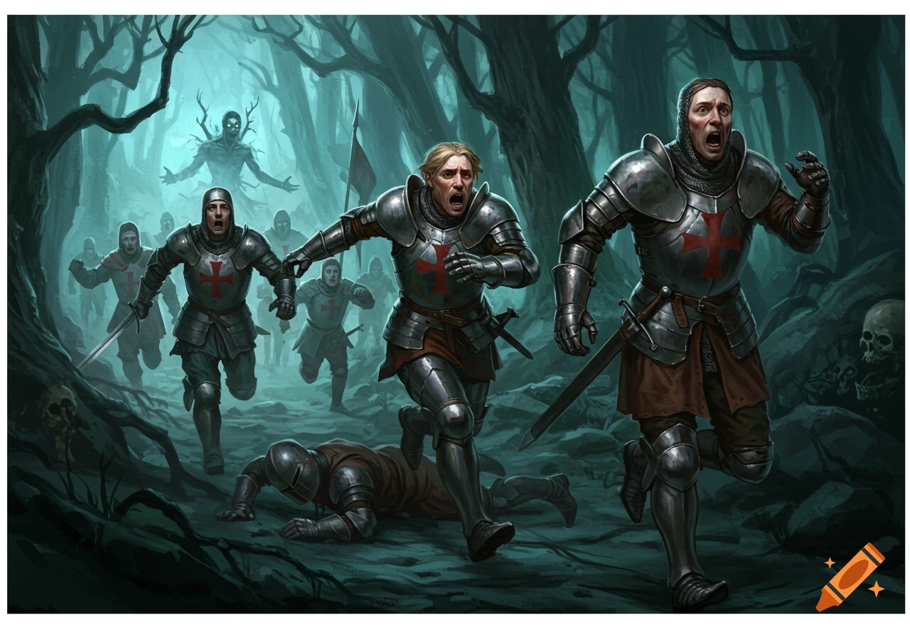 Medieval knights running terrified from a shadowy monster in a dark ...