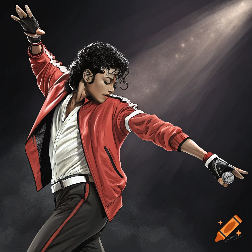 Illustration of Michael Jackson doing the 45 degree lean in a red jacket and black pants under a ...